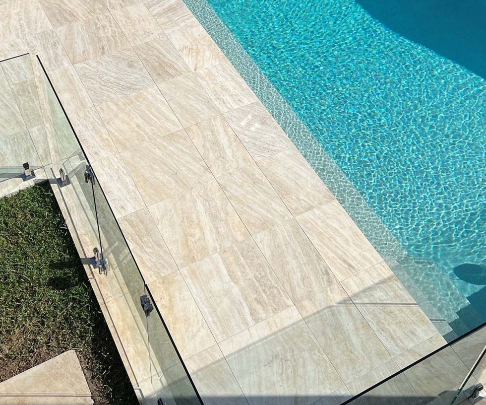 Coastal Cream Travertino Porcelain Pool Tiles, Pavers And Pool Coping Tiles