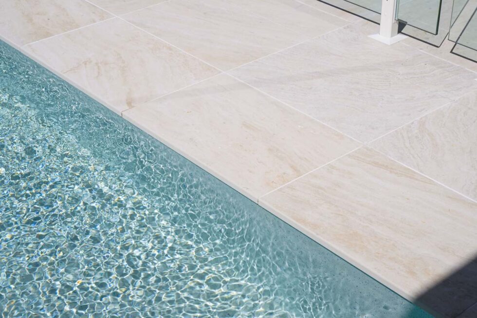 Shoreline Travertino Porcelain Pool Tiles, Pavers And Coping Tiles